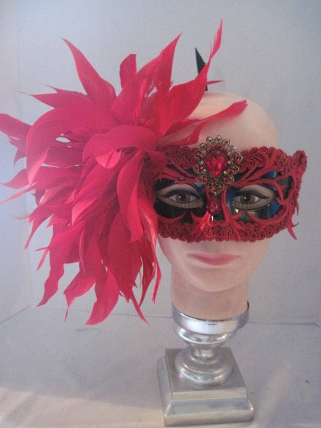 Red & Black Carnival Mask With Red Dangling Crystal Medallion - Etsy