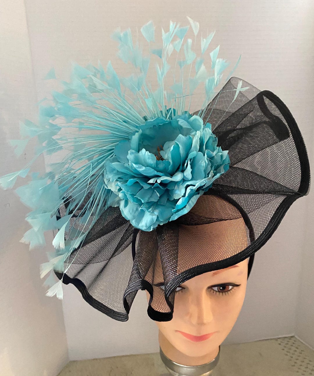 Black Netted Hat With Turquoise Flower and Striped Feathers - Etsy