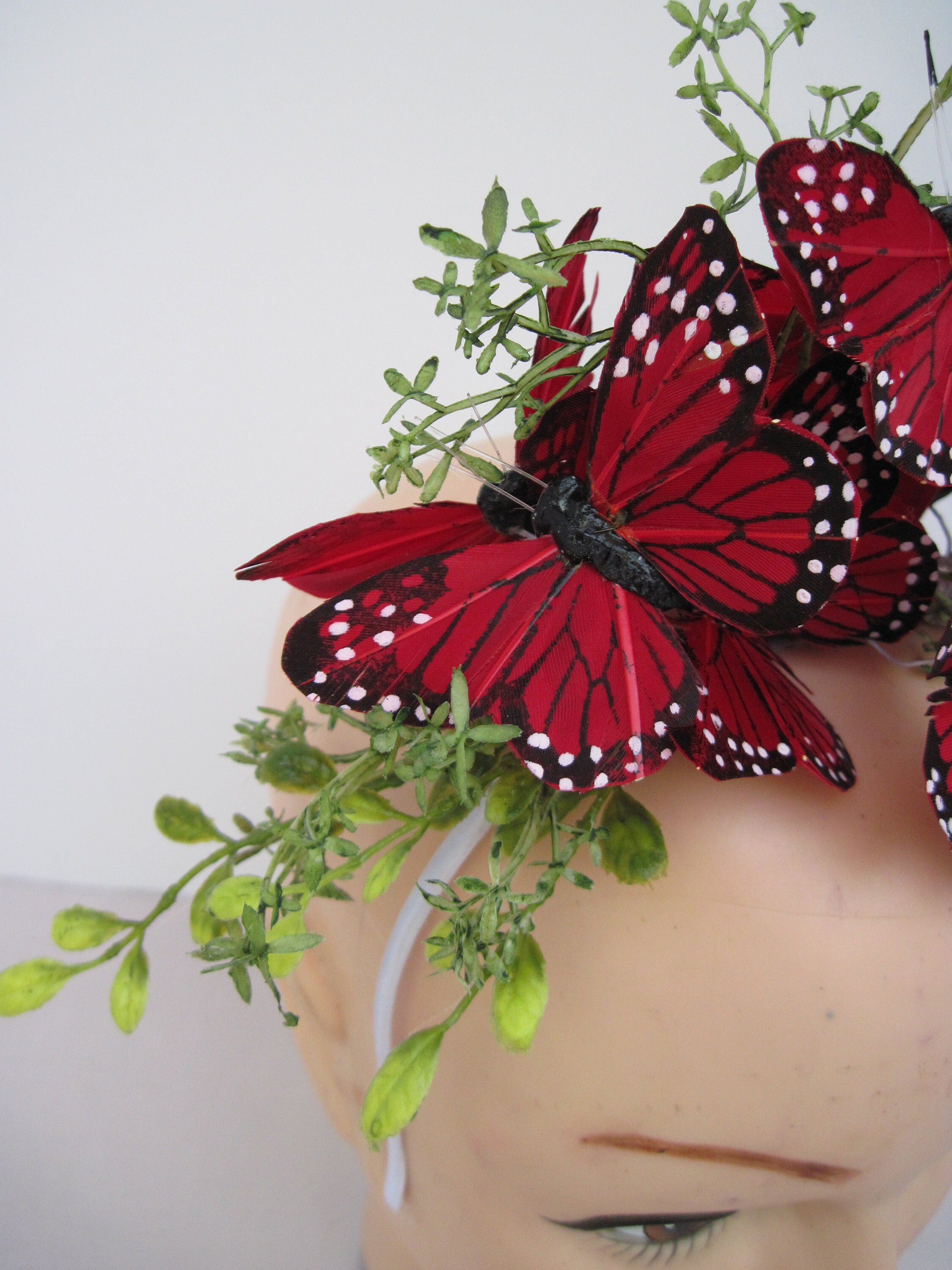 Red Monarch Feather Butterfly Headpiece With a Touch of Greens | Etsy
