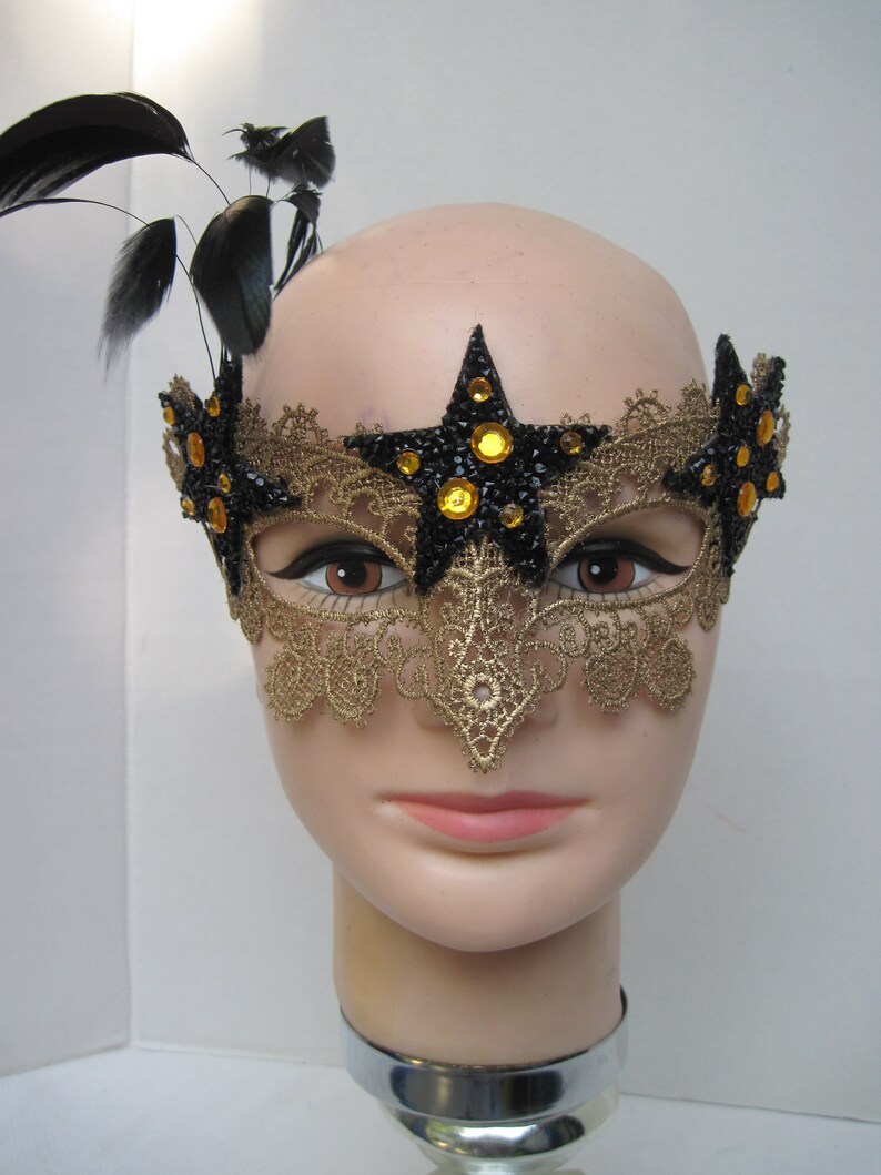 Gold Lace Mask With Crystal Stars and Stripped Coque Tail - Etsy