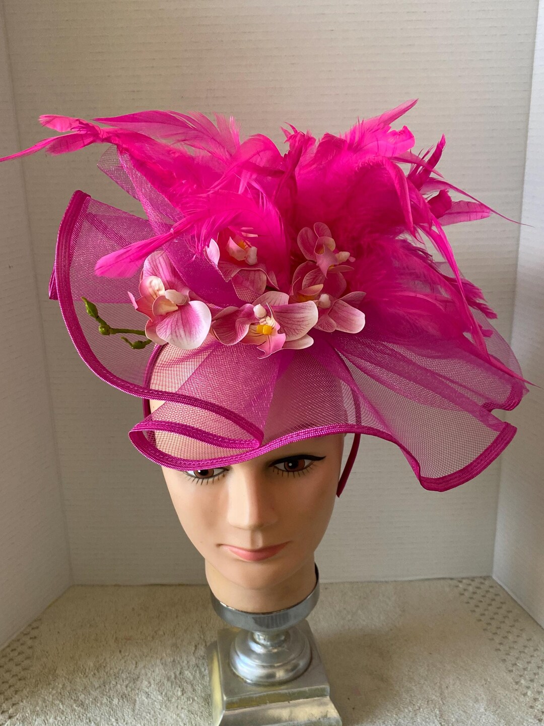 Hot Pink Net Fascinator With Mini Orchids & Feathers - Etsy