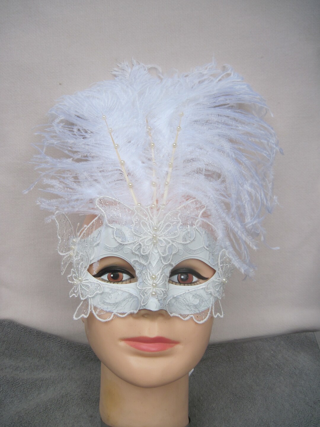 White Ostrich Feathered Masquerade Half Mask With Pearls & Butterflies ...