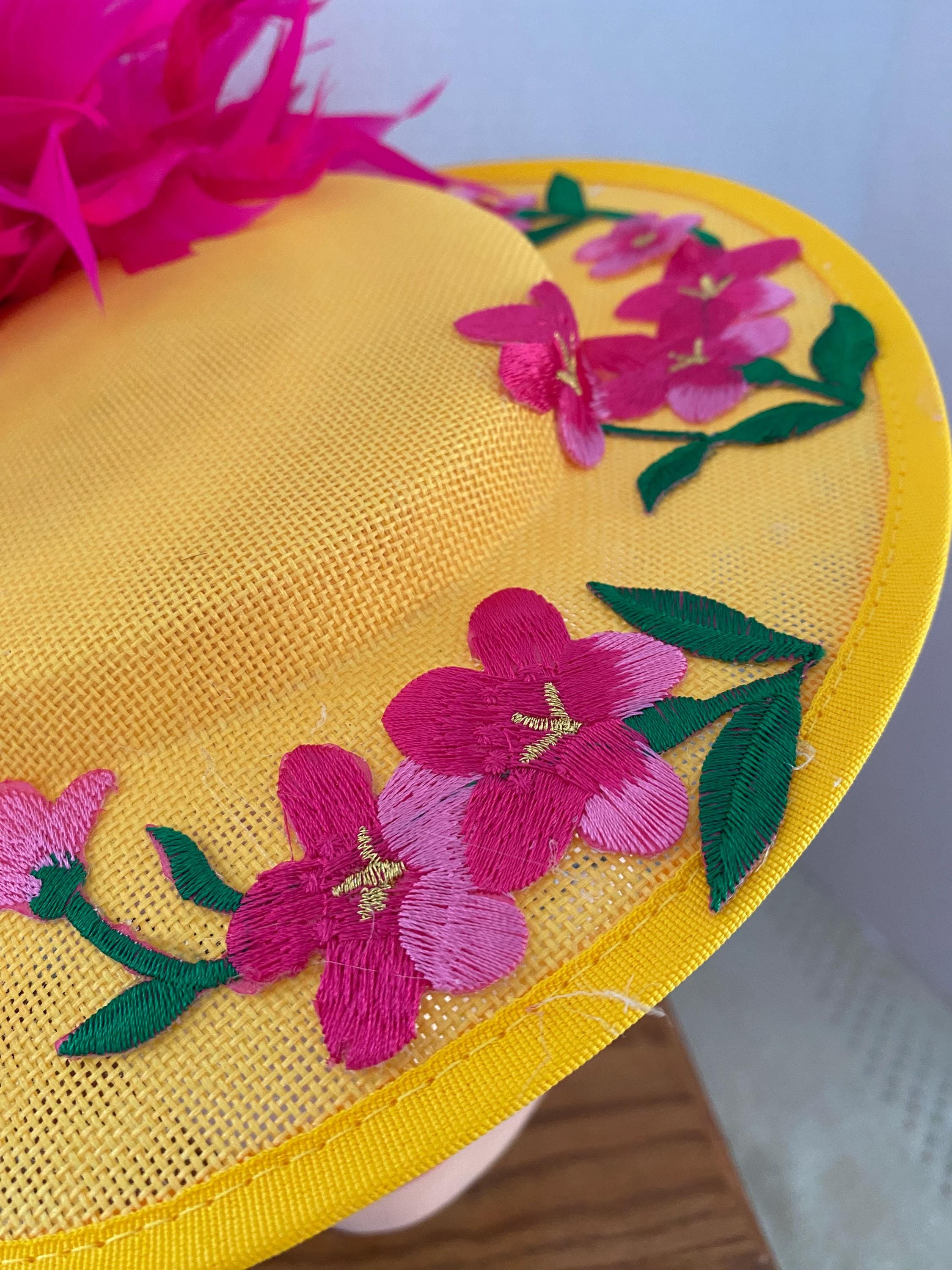 Deep Yellow Boater Style Hat With Hot Pink Appliques & Feathers - Etsy