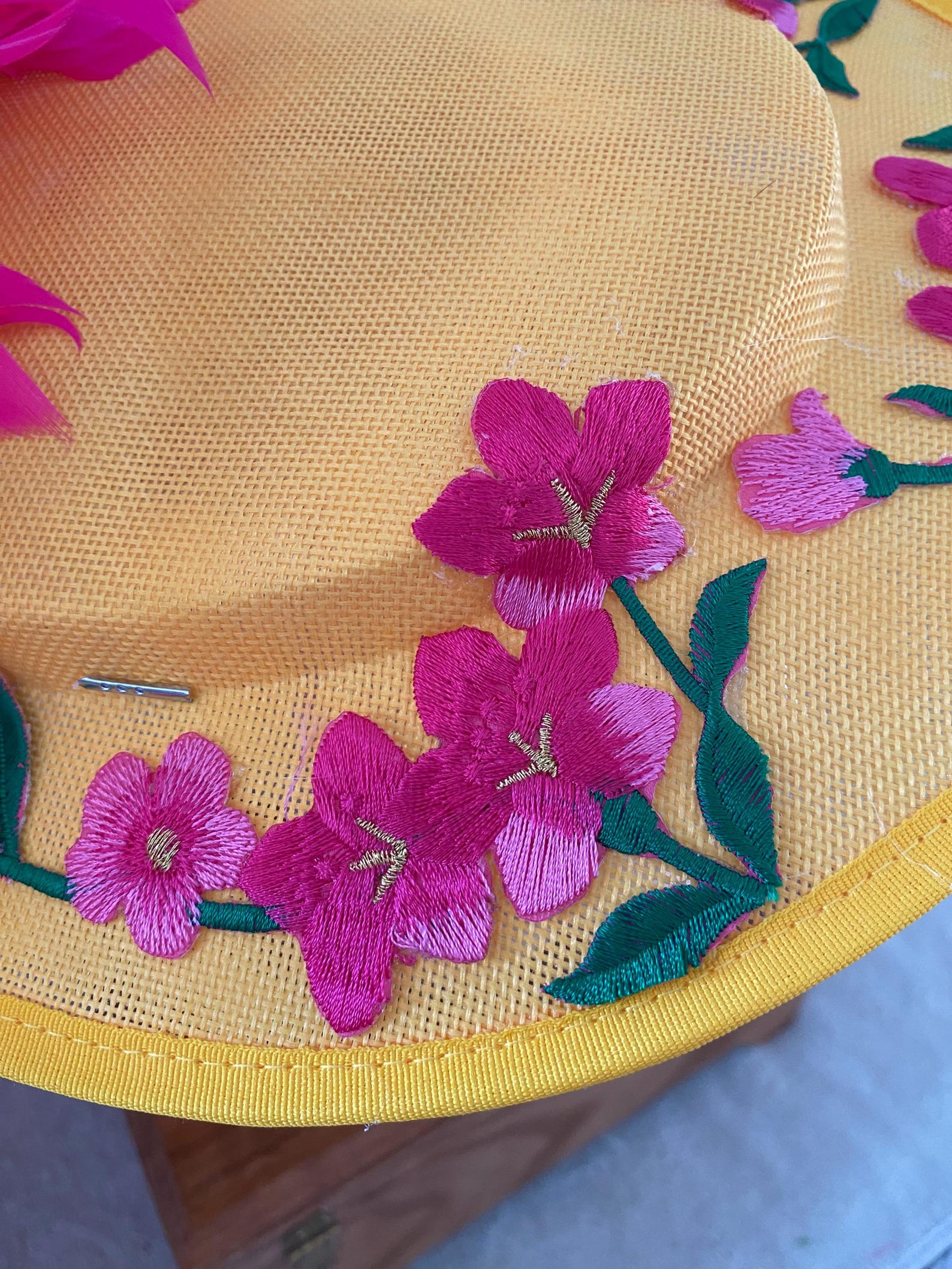 Deep Yellow Boater Style Hat With Hot Pink Appliques & Feathers - Etsy