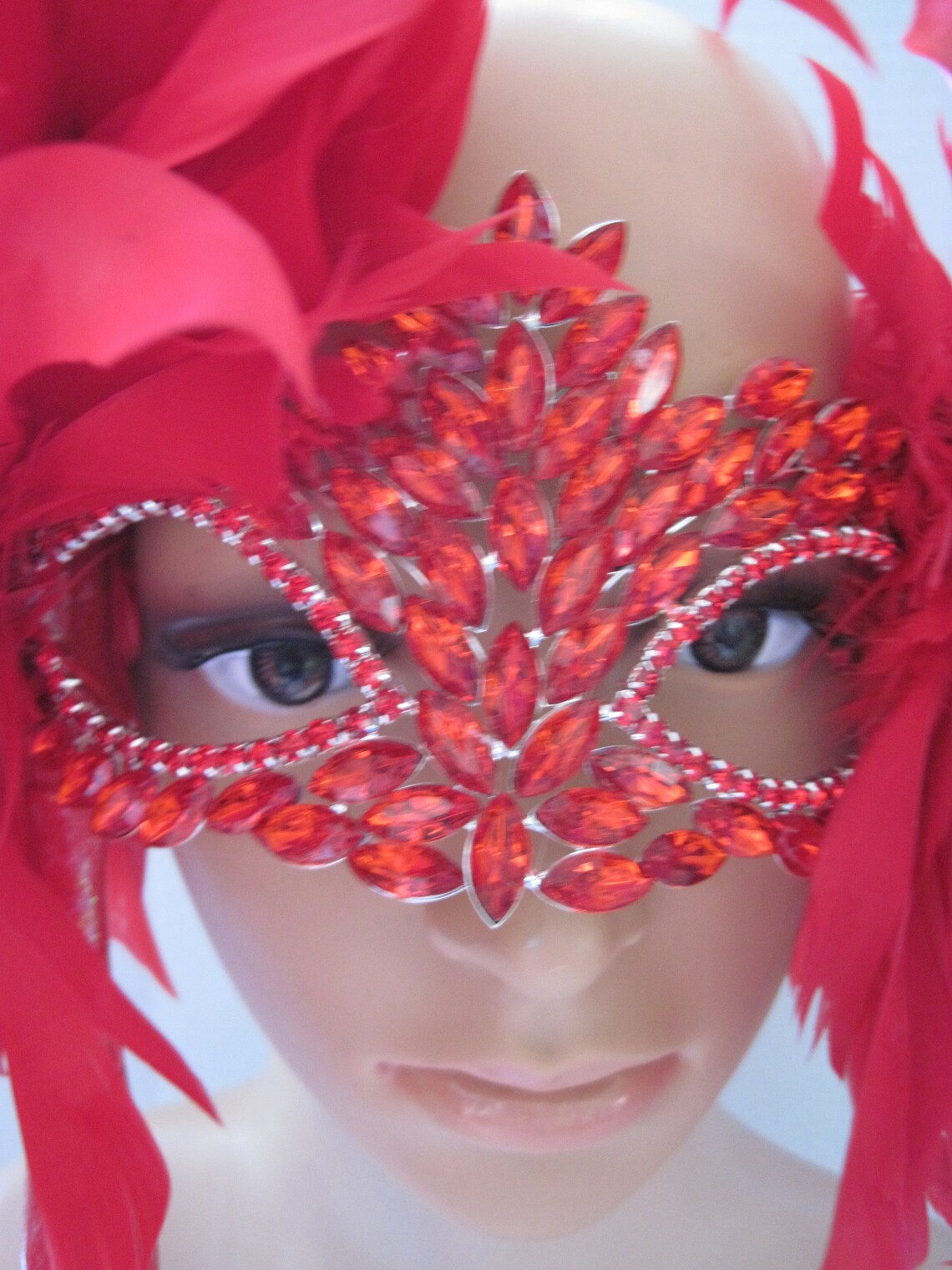 Red Crystal Mask With Spiky Red Feathers and Mask Stick - Etsy