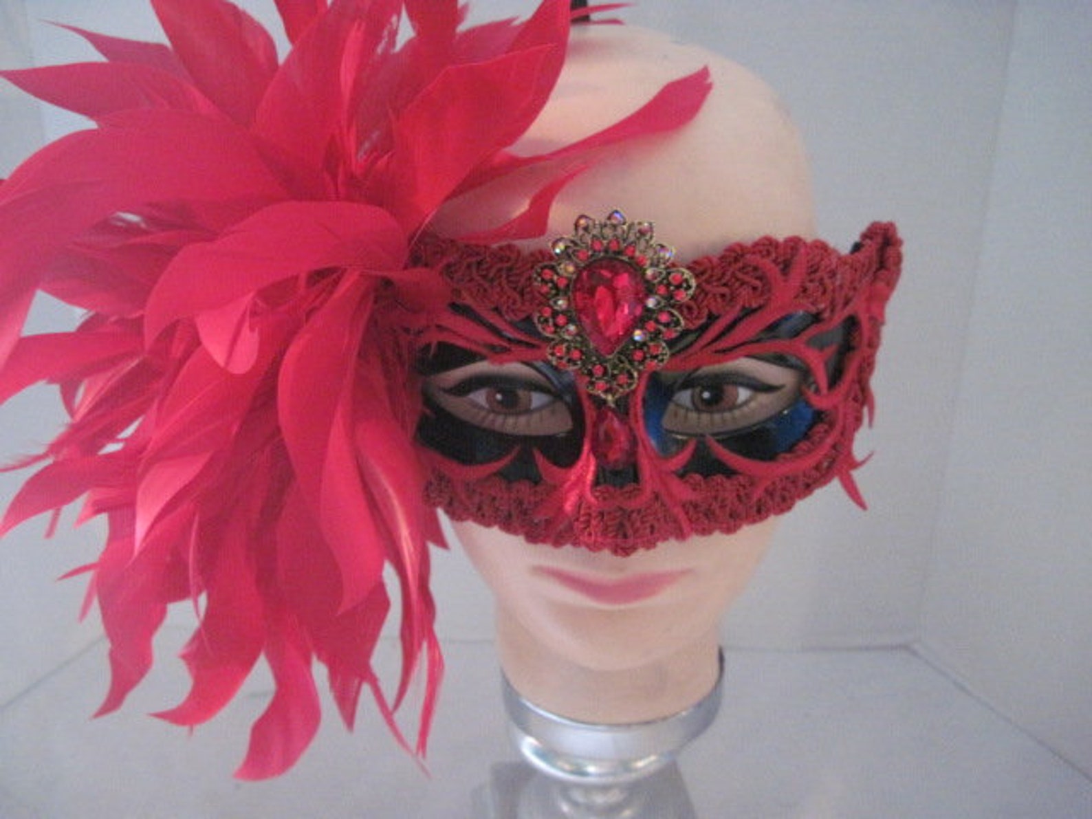 Red & Black Carnival Mask With Red Dangling Crystal Medallion - Etsy
