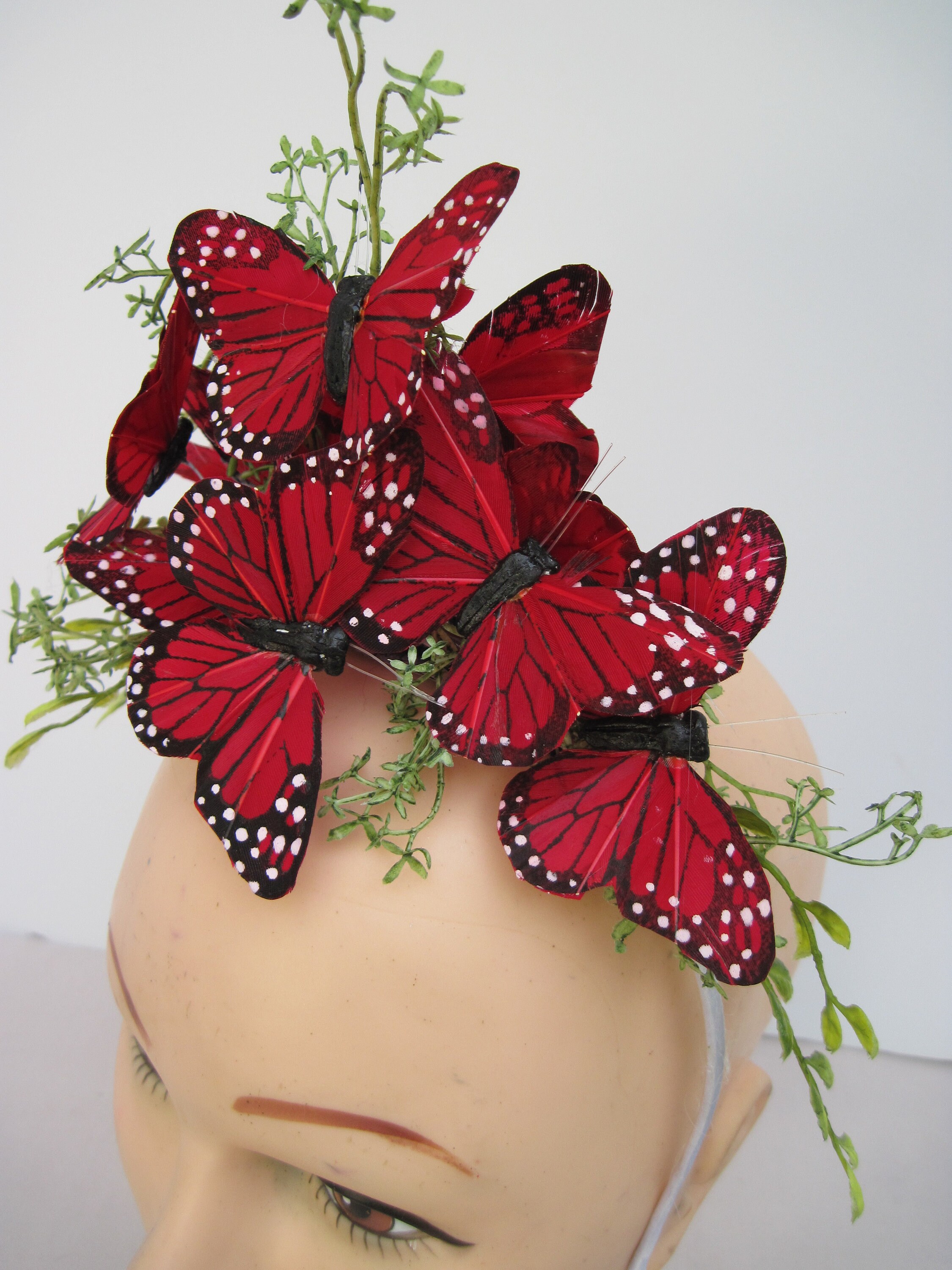 Red Monarch Feather Butterfly Headpiece With a Touch of Greens | Etsy