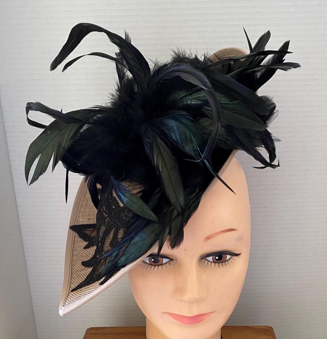 Neutral Beige Tear Drop Fascinator With Embroidered Leaves & Black ...