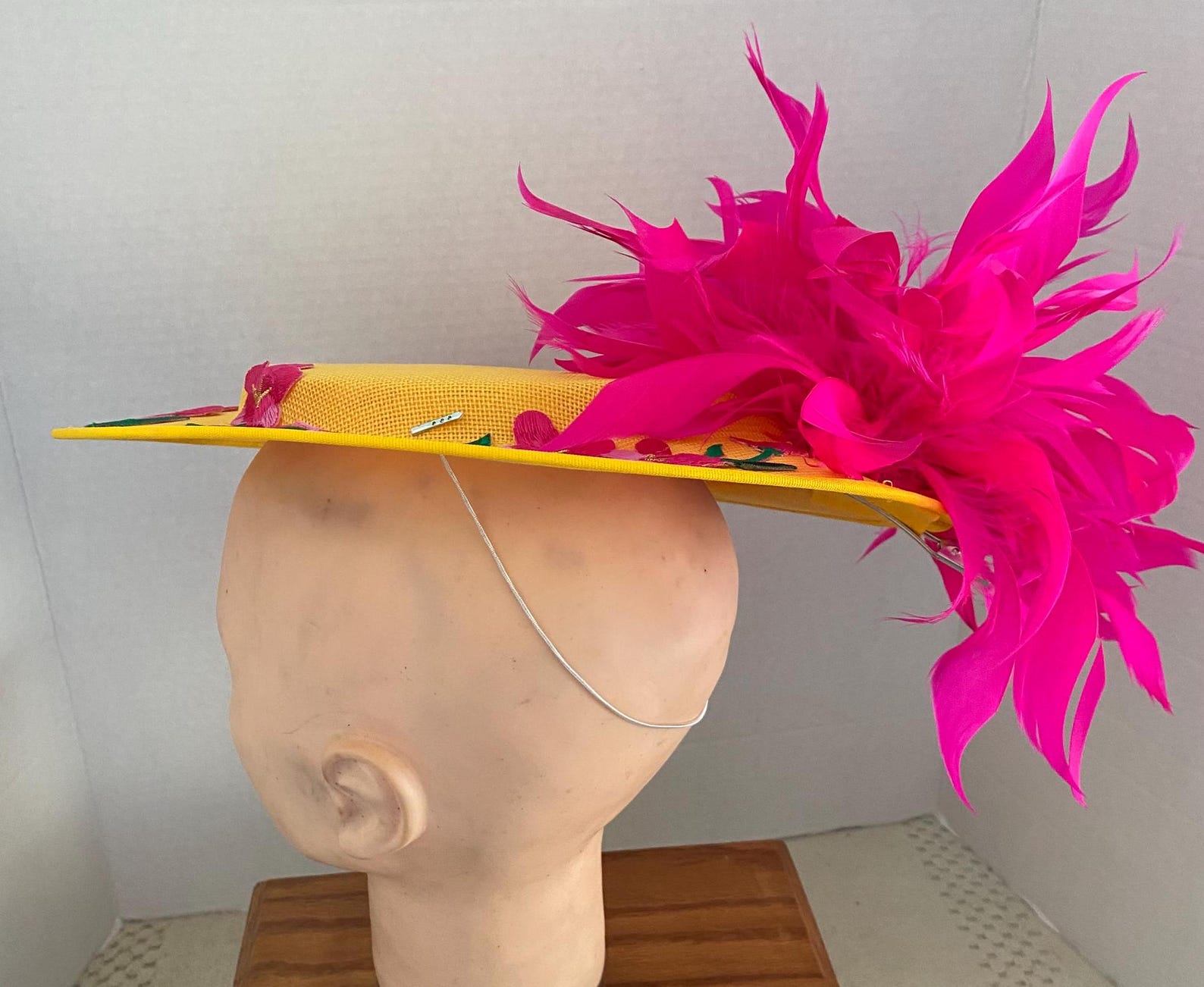 Deep Yellow Boater Style Hat With Hot Pink Appliques & Feathers - Etsy