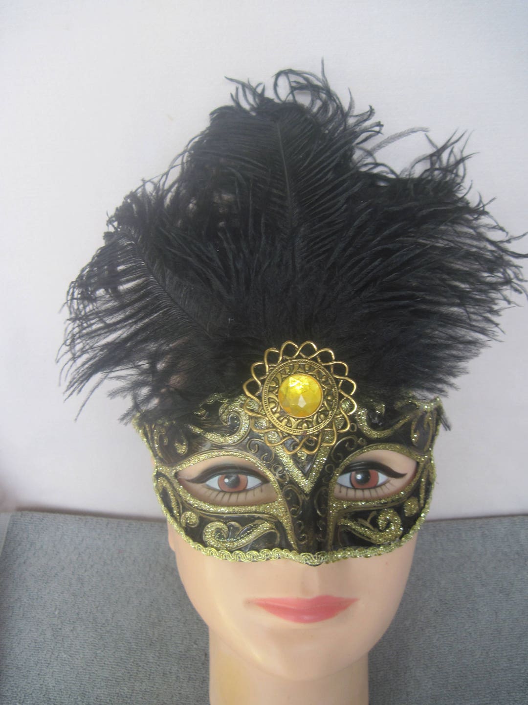 Black Mardi Gras Mask With Gold Scrolling & Feathers - Etsy UK