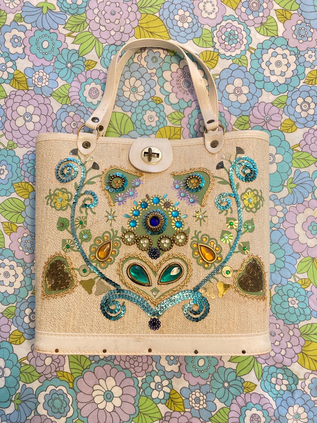 Vintage 60s Jeweled Canvas Handbag Mod Bucket Purse 1960s - Etsy