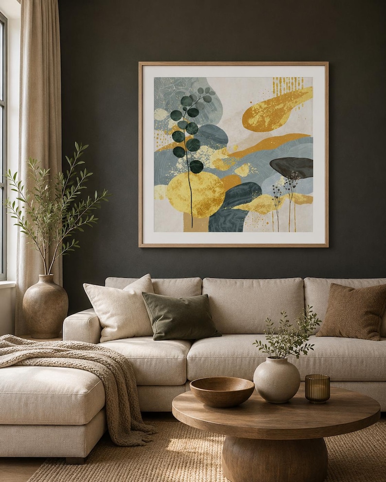 Abstract Botanical Print, Gold Green Eucalyptus Wall Art (digital ...