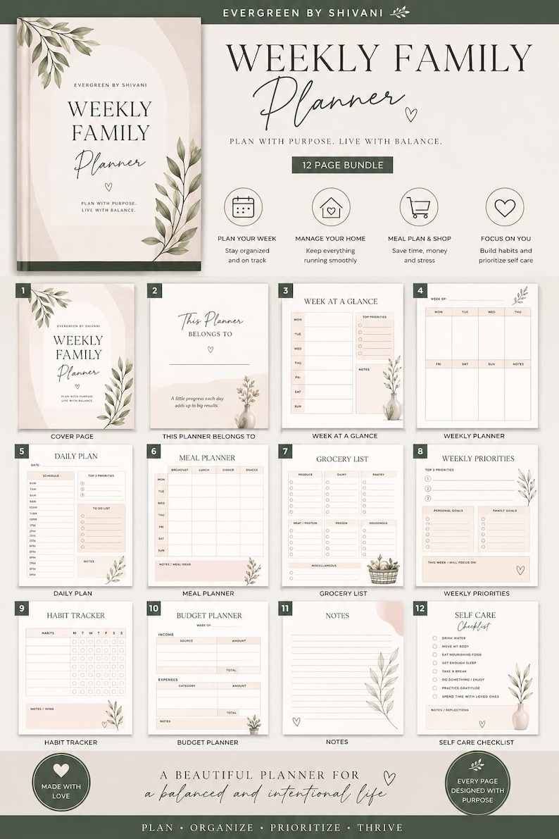 Printable Weekly Planner PDF | Family Organizer | Meal Planner ...