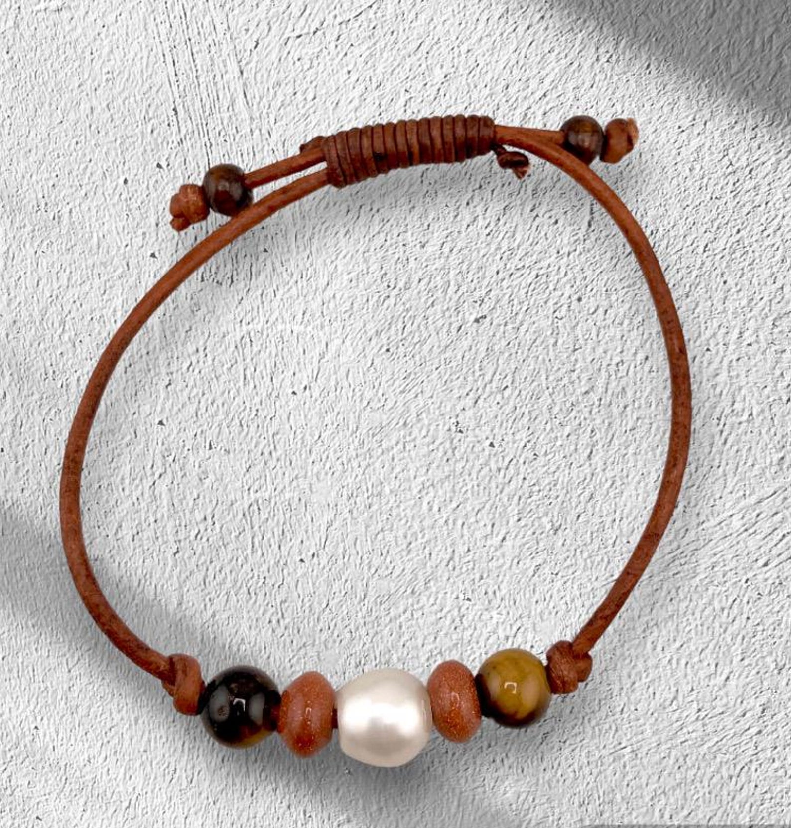 Freshwater Pearl, Tigers Eye and Goldstone and Leather Bracelet - Etsy