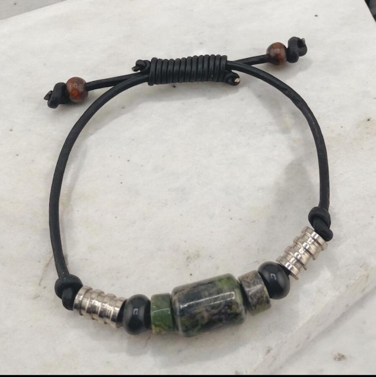 Jade and Obsidian and Leather Bracelet - Etsy