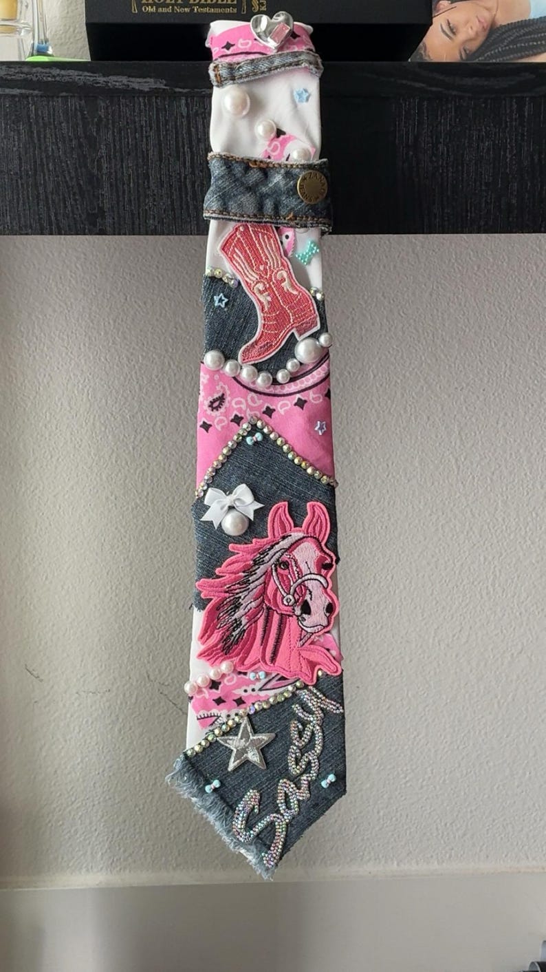 Handmade Patchwork Tie: Pink Horse, Cowboy Boot, Denim Accents - Etsy