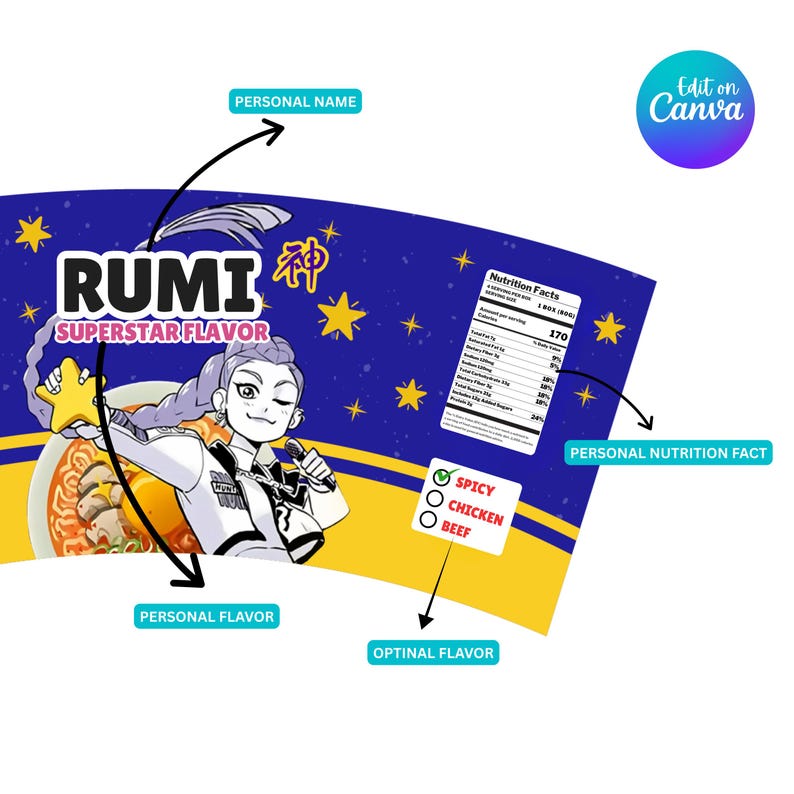 Kpop Demon Hunters Cup Noodle Labels, Huntrix Ramen Ramyeon Party Favor ...