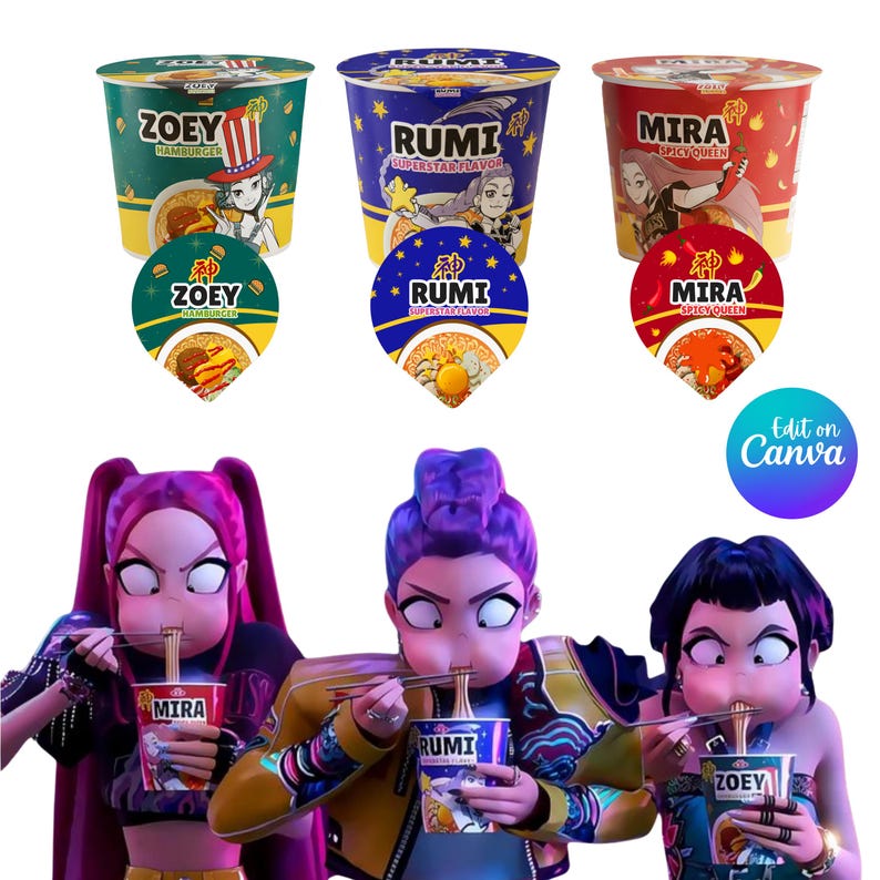 Kpop Demon Hunters Cup Noodle Labels, Huntrix Ramen Ramyeon Party Favor ...
