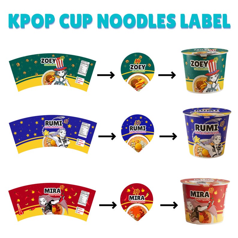Kpop Demon Hunters Cup Noodle Labels, Huntrix Ramen Ramyeon Party Favor ...