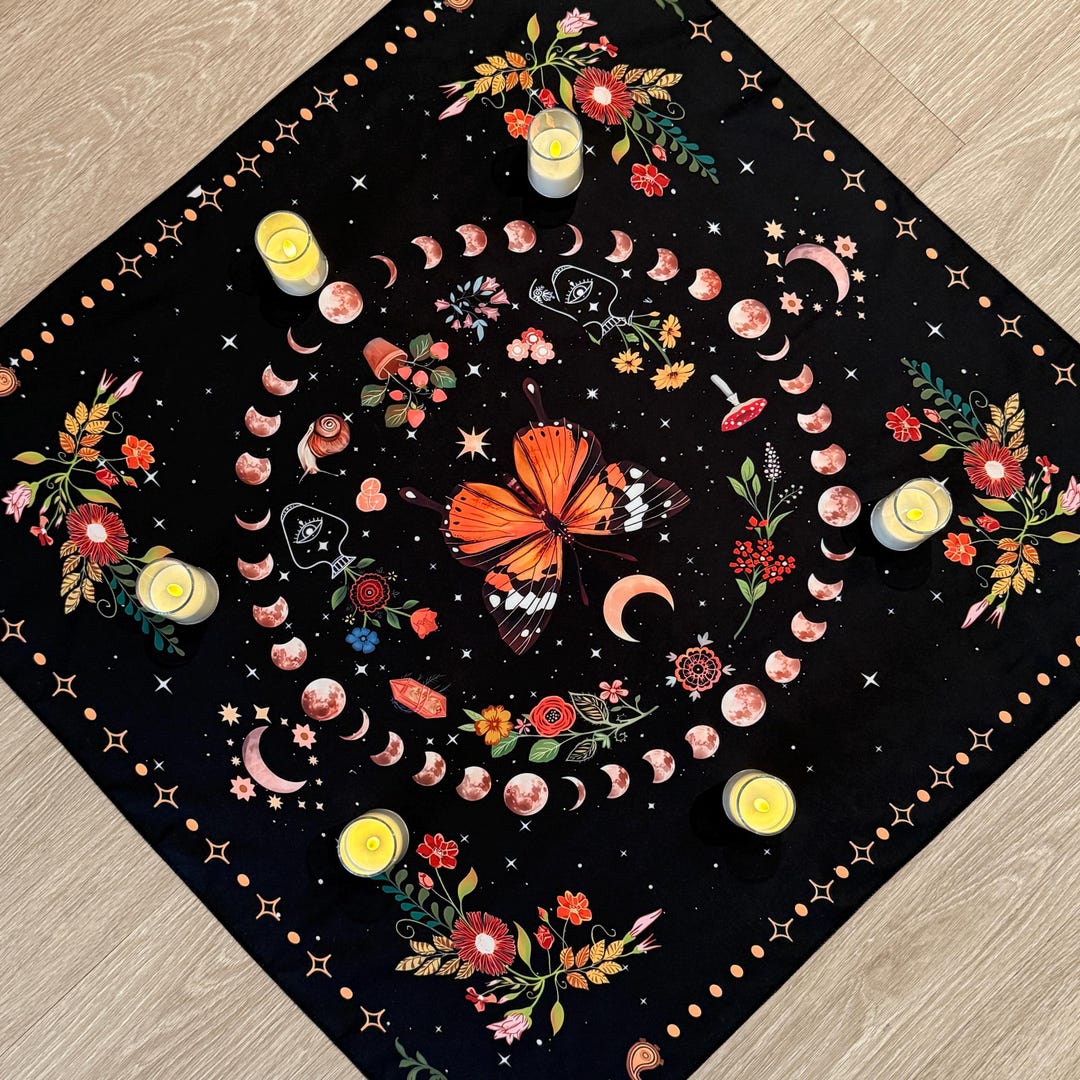 Dark Boho Altar Cloth With Moon Phases & Butterfly | Tarot Table Cloth ...