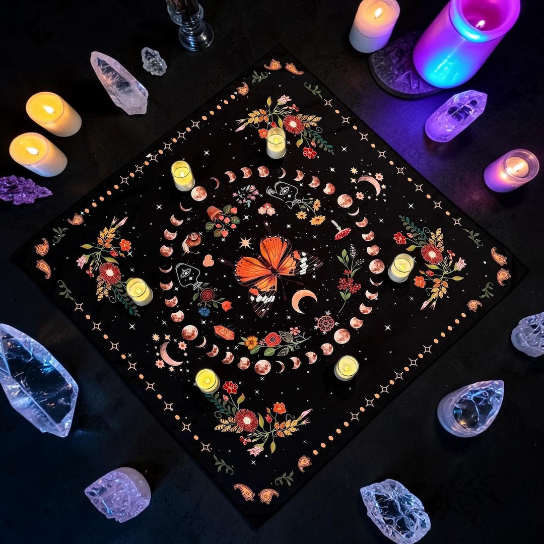 Tarot Table Cloth Dark Boho Altar Cloth With Moon Phases & Butterfly ...