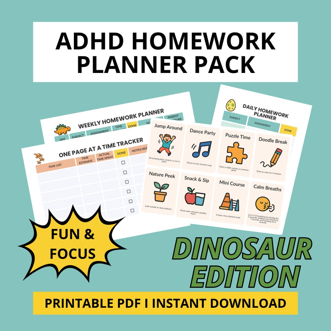 Dinosaur ADHD Homework Planner Pack: Weekly, Daily, & One Page Tracker ...