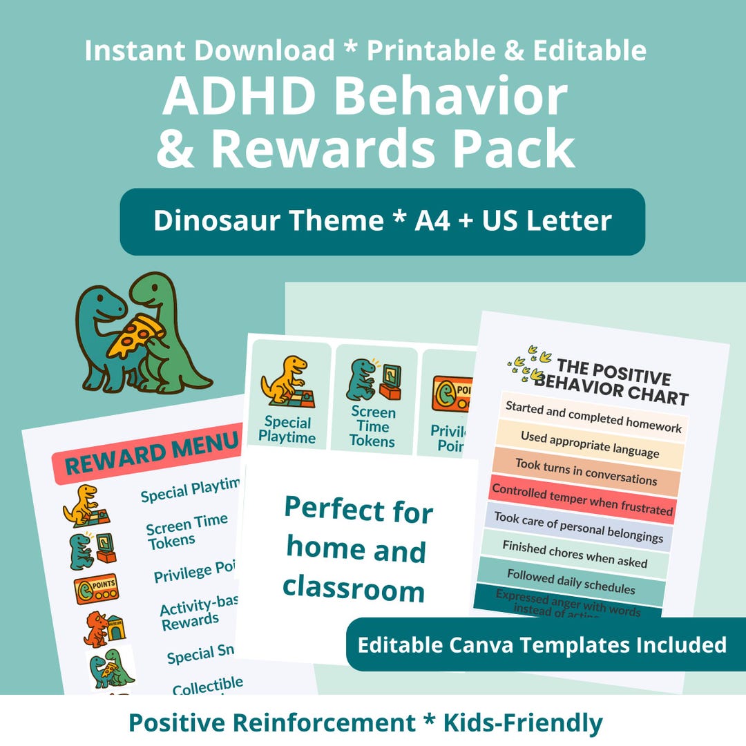 Dinosaur ADHD Behavior & Reward Charts Pack for Kids: Routines, Reward ...