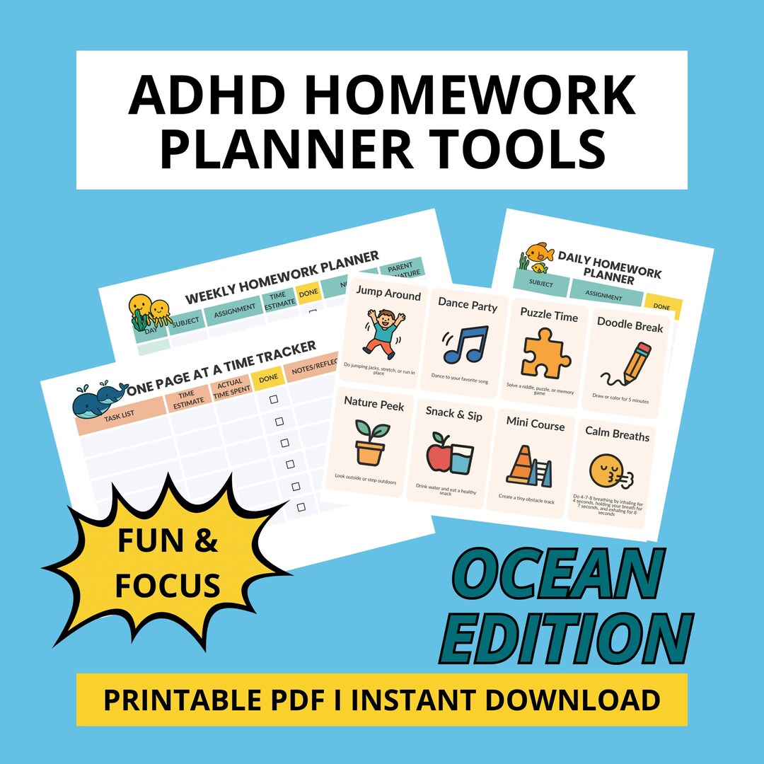 Ocean ADHD Homework Planner Pack: Weekly, Daily, & One Page Tracker ...