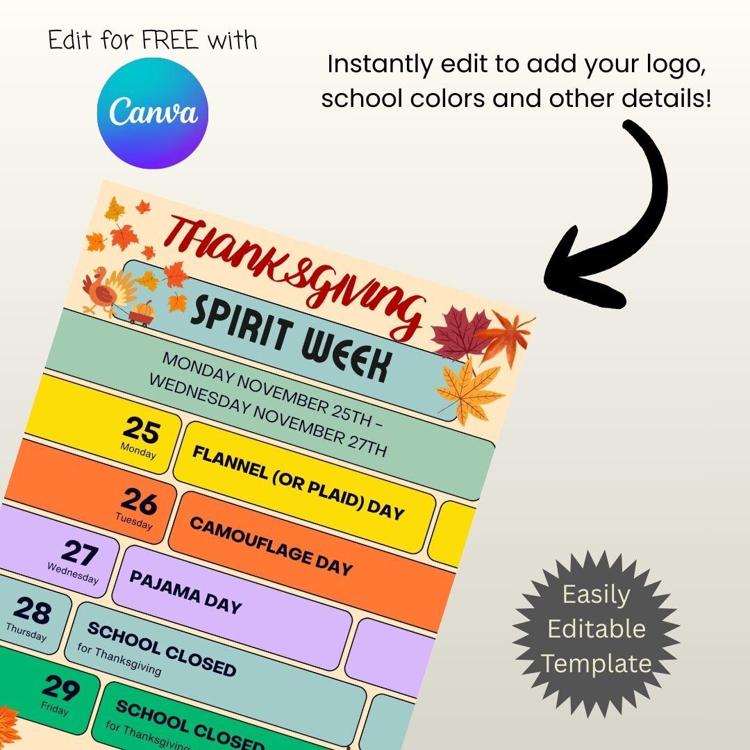 Editable Fall/week of Thanksgiving Spirit Week Flyer Template for ...