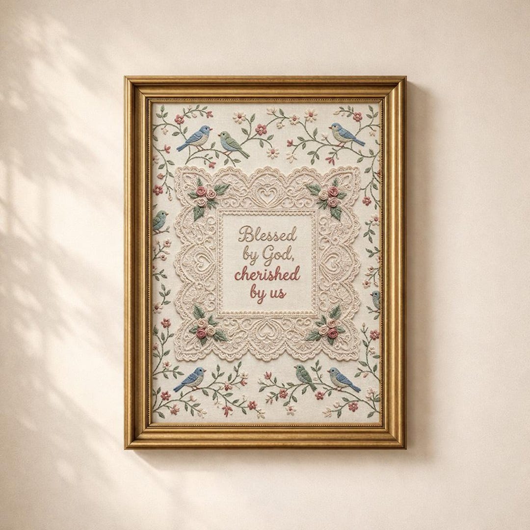 Blessed by God - Christian Nursery Quote, Vintage Floral Birds ...