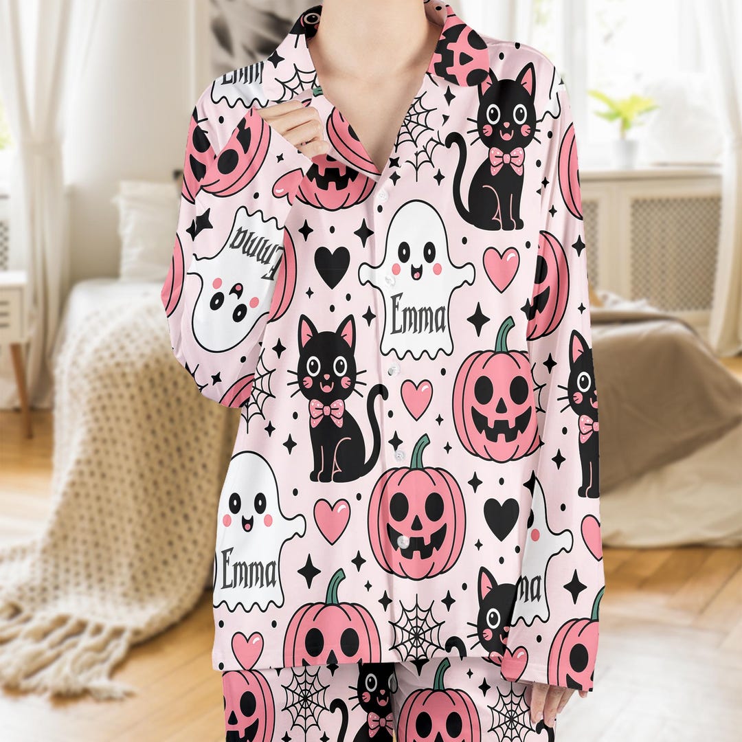 Personalized Halloween Pajama Set: Ghost & Bat Print Polyester ...