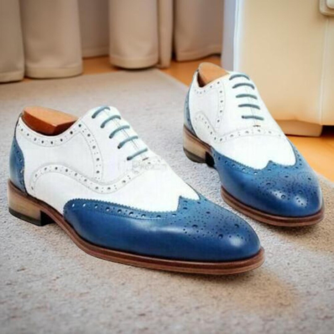 Handmade Men’s White & Blue Leather Oxford Party Dress Shoes - Etsy