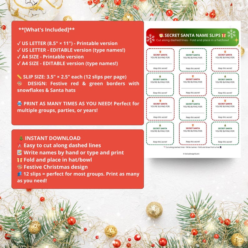 Editable Secret Santa Name Slips | Christmas Party Game (digital ...