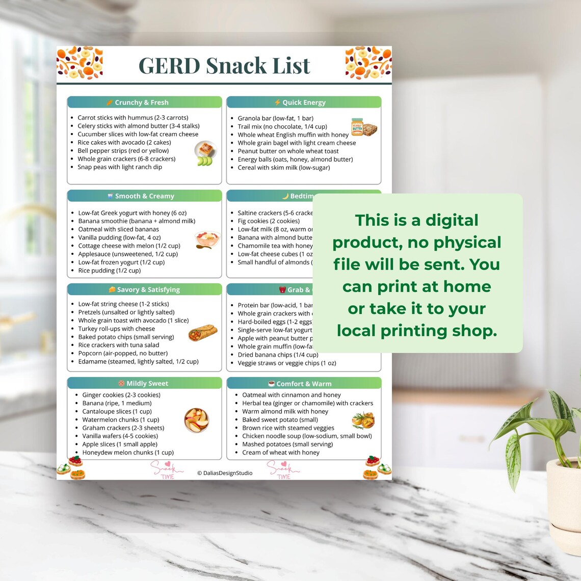 GERD Snack List Printable | Acid Reflux Friendly Snacks | Heartburn ...