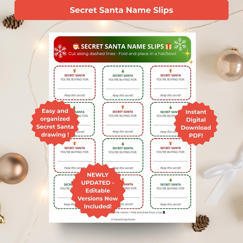 Editable Secret Santa Name Slips | Christmas Party Game (digital ...