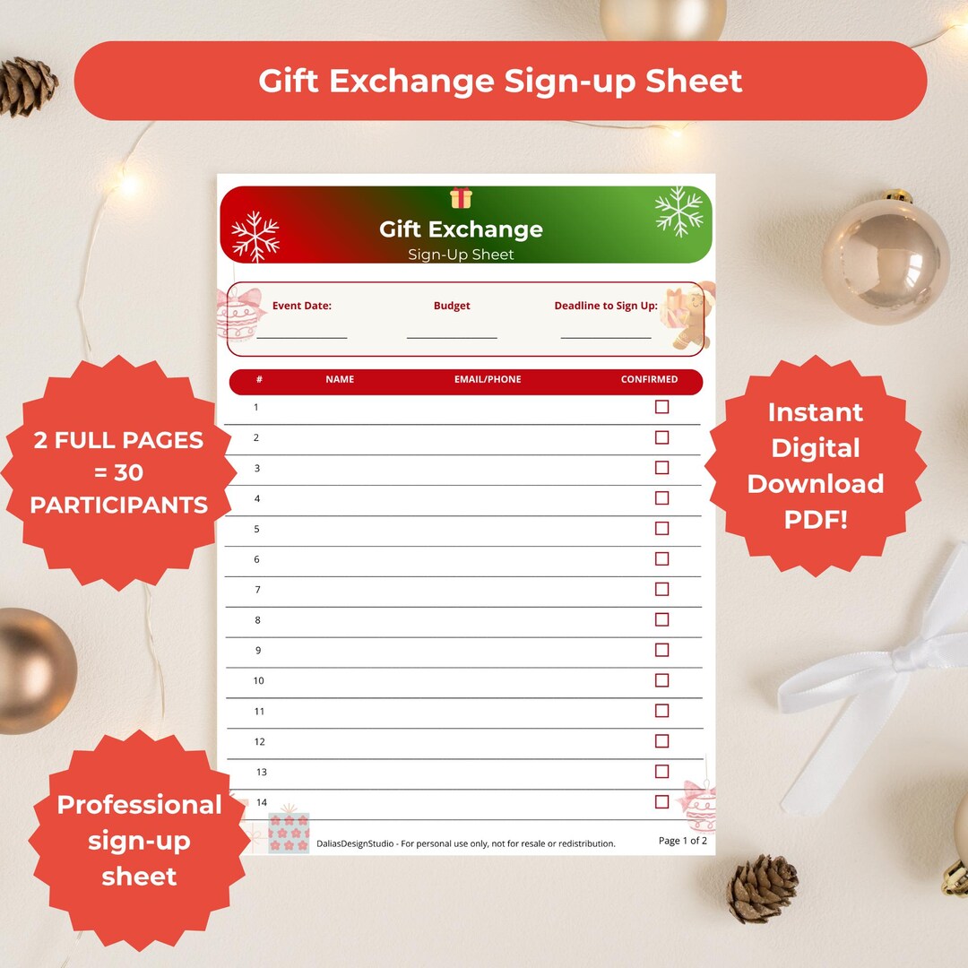 Gift Exchange Sign-up Sheet | Secret Santa Sign up Form | Holiday Party ...