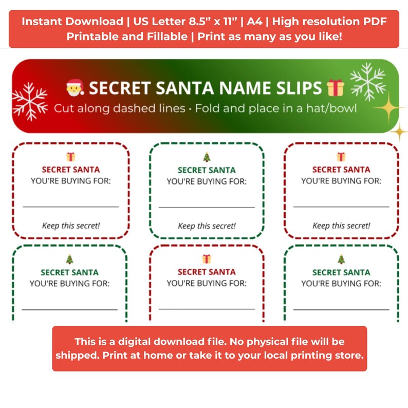 Editable Secret Santa Name Slips | Christmas Party Game (digital ...