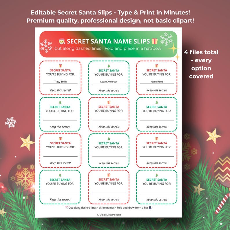 Editable Secret Santa Name Slips | Christmas Party Game (digital ...