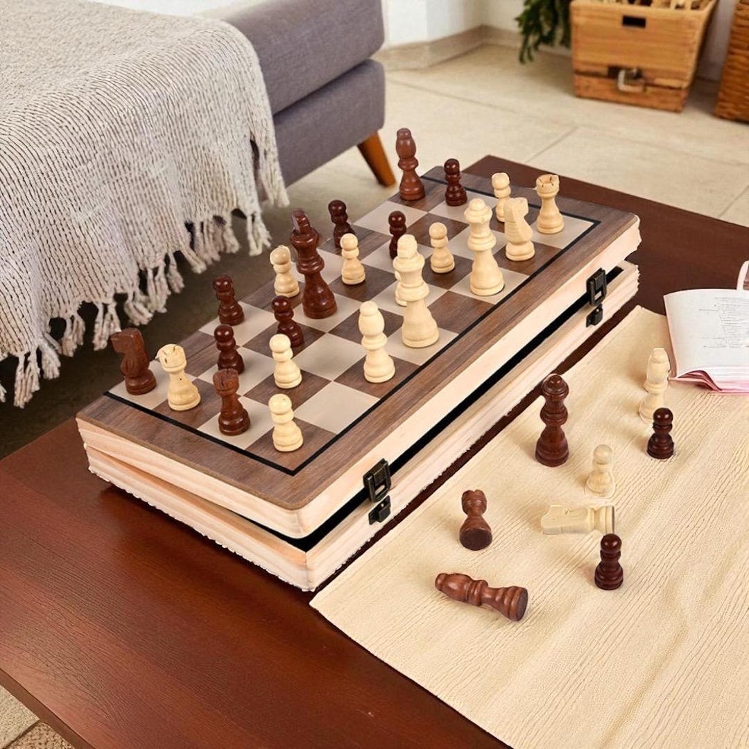 Handmade Wooden 2-in-1 Chess Set: Folding Chess Storage Box, Board Game ...