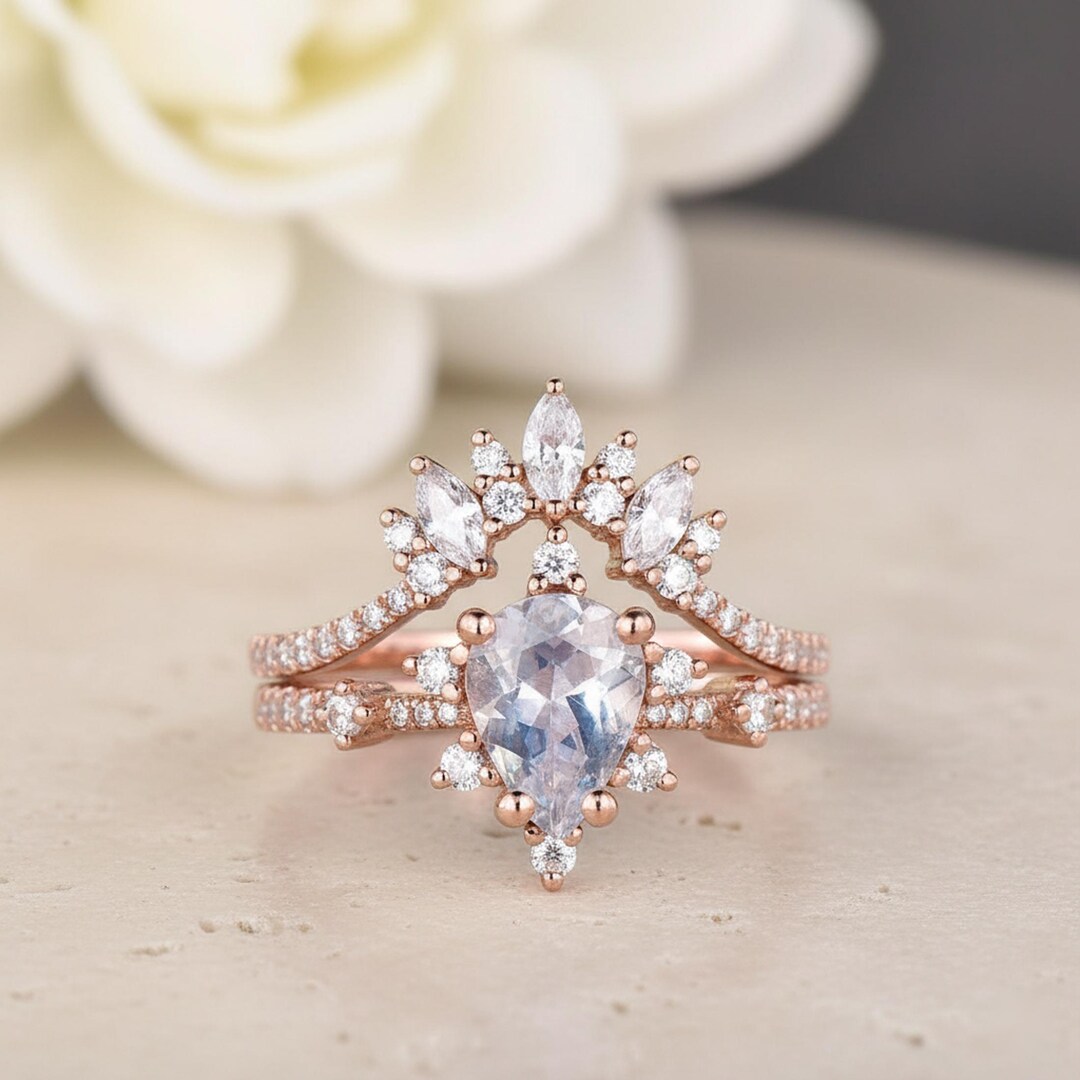 Pear Moonstone Ring-set in Gold | June-birthstone Rainbow Moonstone ...