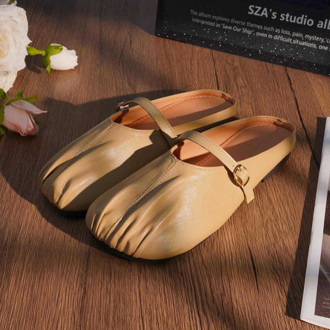 Handmade Soft Leather Mules for Women, Light Beige Ruched Round Toe ...