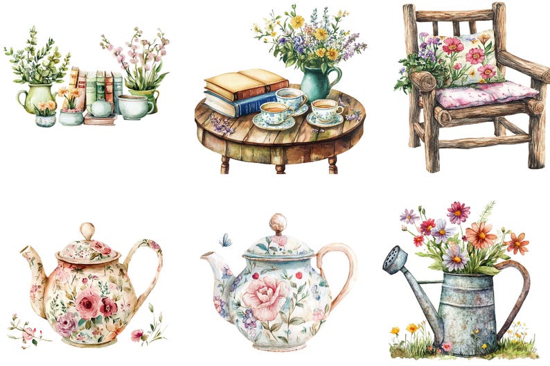 Vintage Cottage Watercolor Clipart Bundle, Cozy Rustic Floral PNG ...