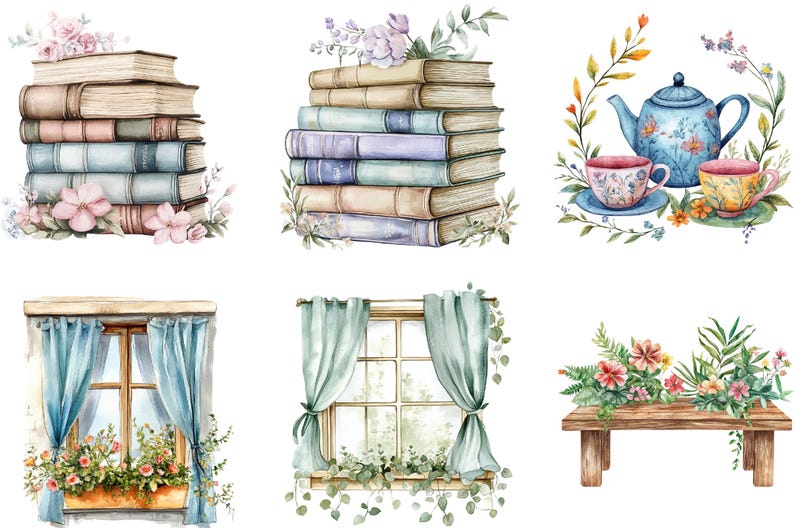 Vintage Cottage Watercolor Clipart Bundle, Cozy Rustic Floral PNG ...
