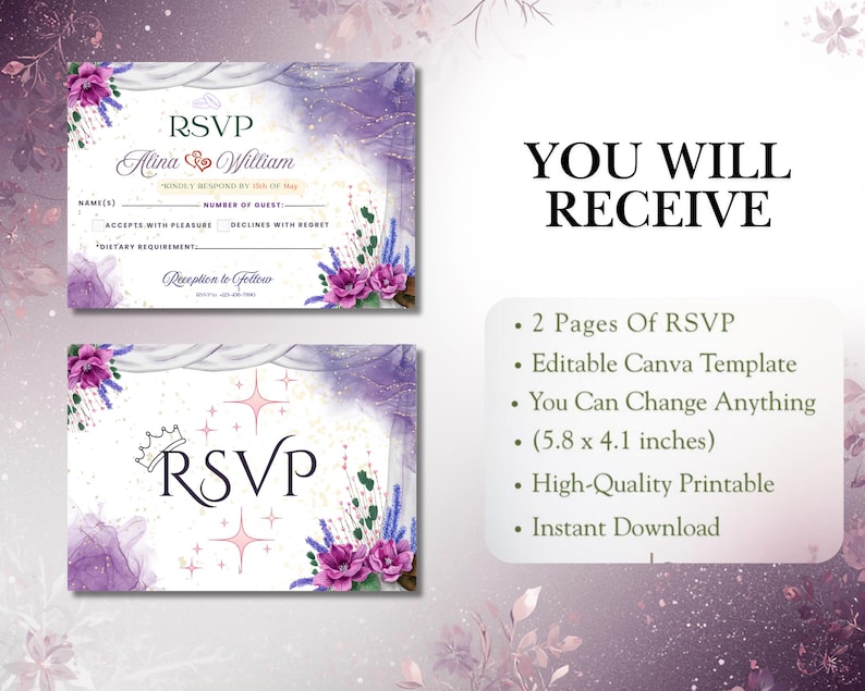 Purple Floral Wedding RSVP Card, Editable Canva Template (5.8x4.1 ...