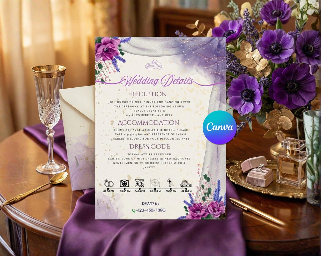 Purple Floral Wedding Details Card | Reception, Accommodation, Dress ...