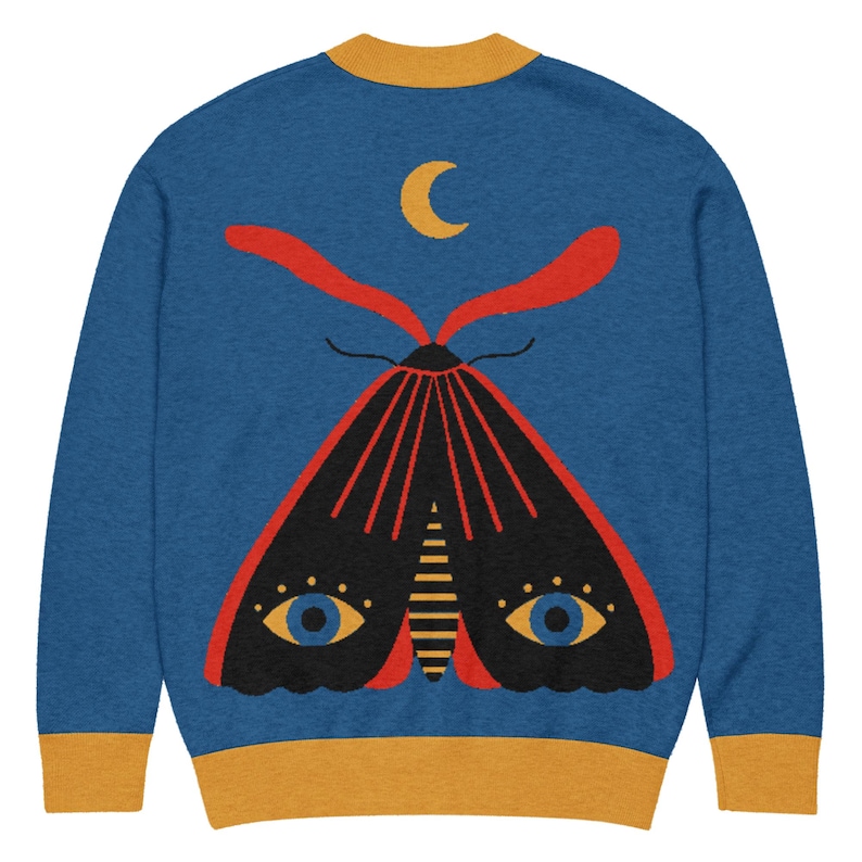 Moth & Moon Knit Cardigan | Blue Folk Art Color Block Sweater - Etsy