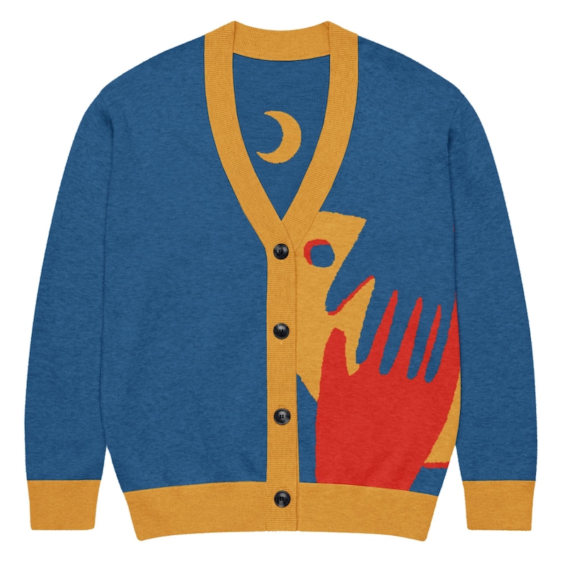 Moth & Moon Knit Cardigan | Blue Folk Art Color Block Sweater - Etsy