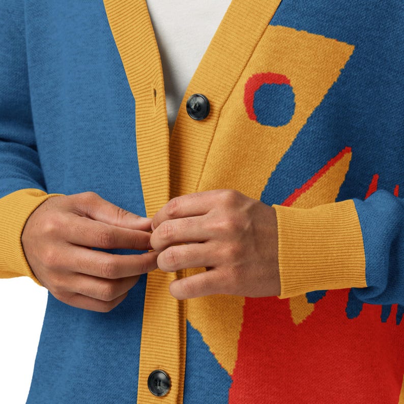 Moth & Moon Knit Cardigan | Blue Folk Art Color Block Sweater - Etsy