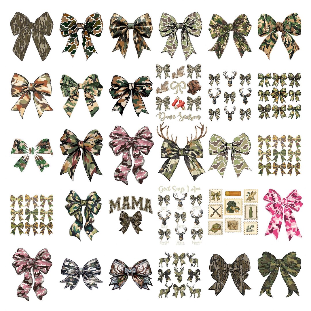Camo Bow PNG Bundle, Hunting Camouflage Coquette Bows With Deer Antlers ...