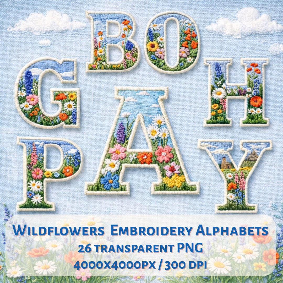 Wildflower Embroidery Letters PNG Alphabet A–Z – Embroidered Floral ...
